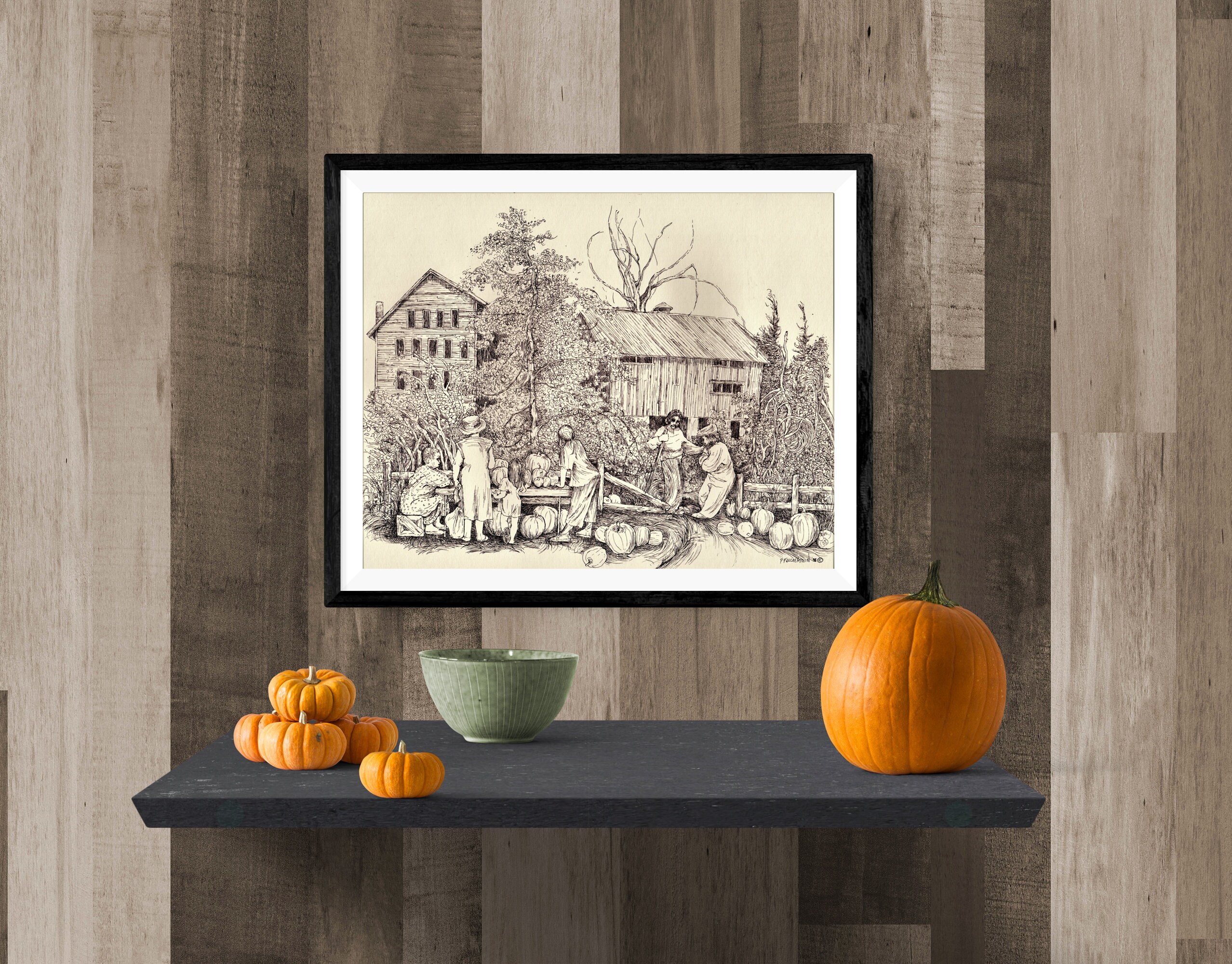 Fall Harvest Pen and Ink Drawing Print, Farmhouse, Old Barn, Country ...