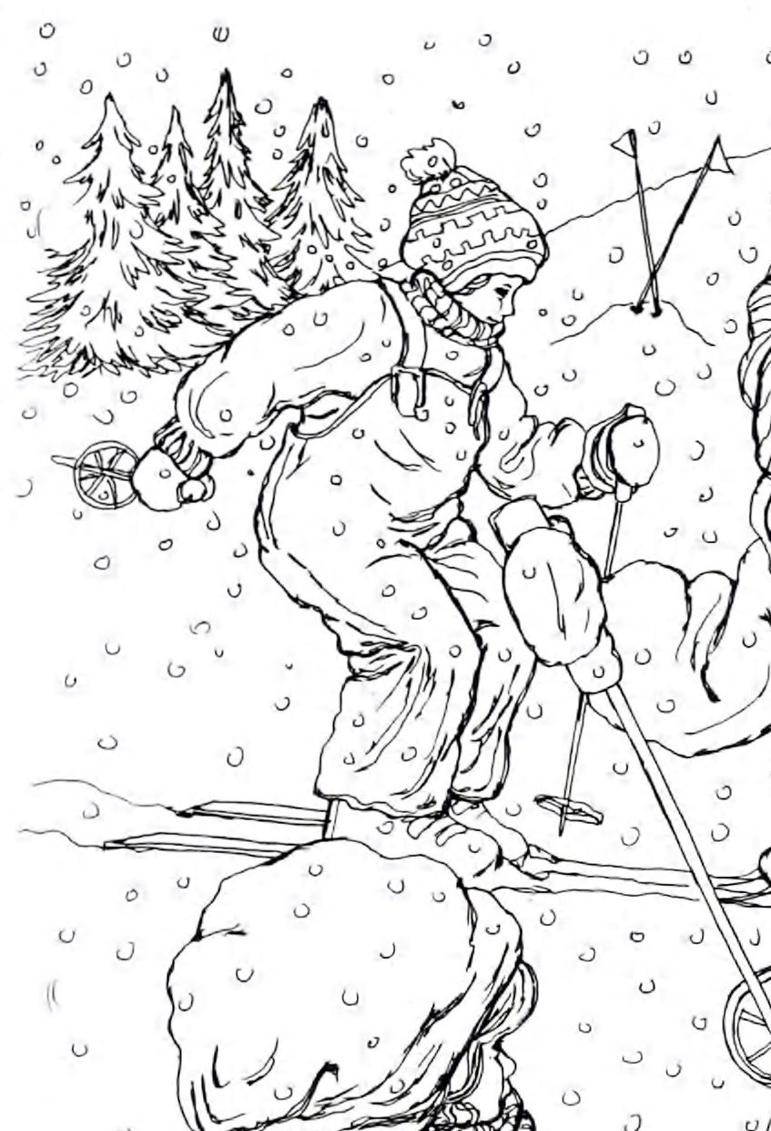COLORING PAGE- Children Playing - Vintage Childhood - Skiing - Winter ...