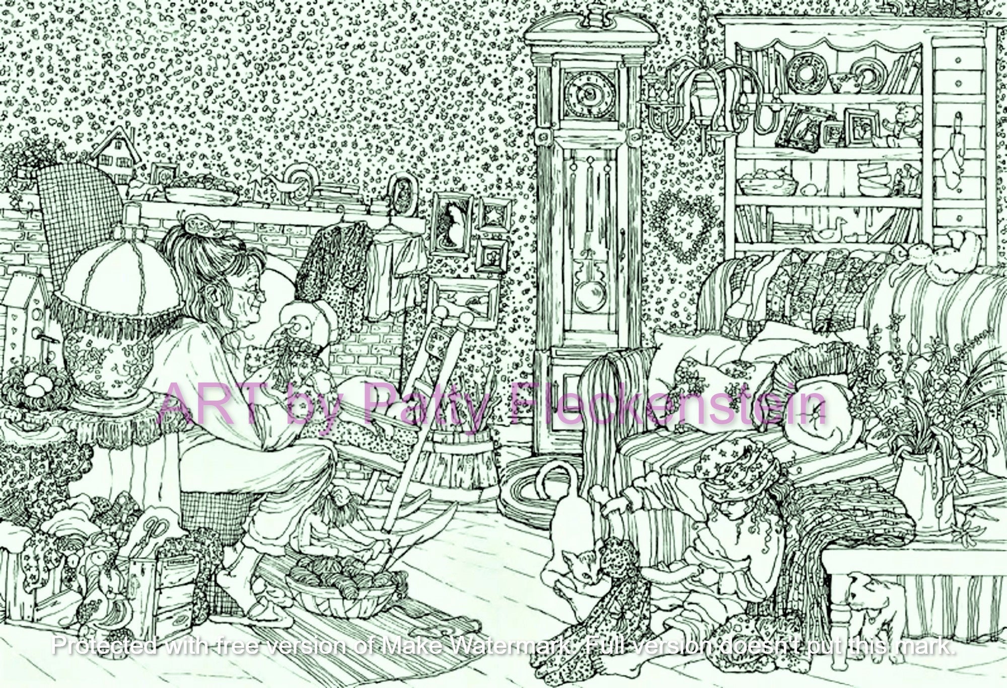 Adult Coloring Page- Whimsical Busy Cozy Room Interior With People ...