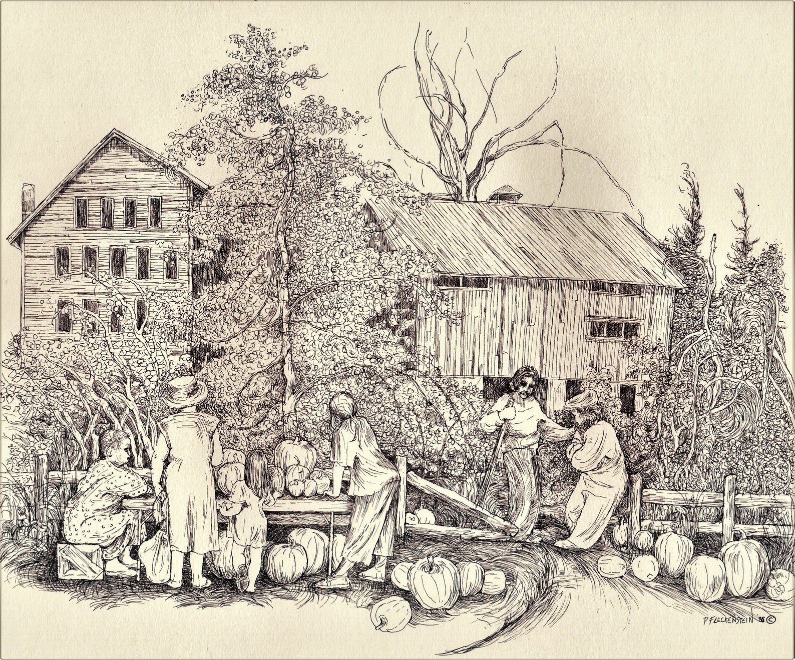 Fall Harvest Pen and Ink Drawing Print, Farmhouse, Old Barn, Country ...