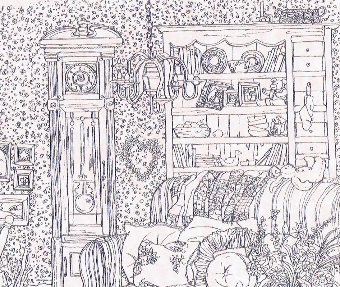 Adult Coloring Page- Whimsical Busy Cozy Room Interior With People ...