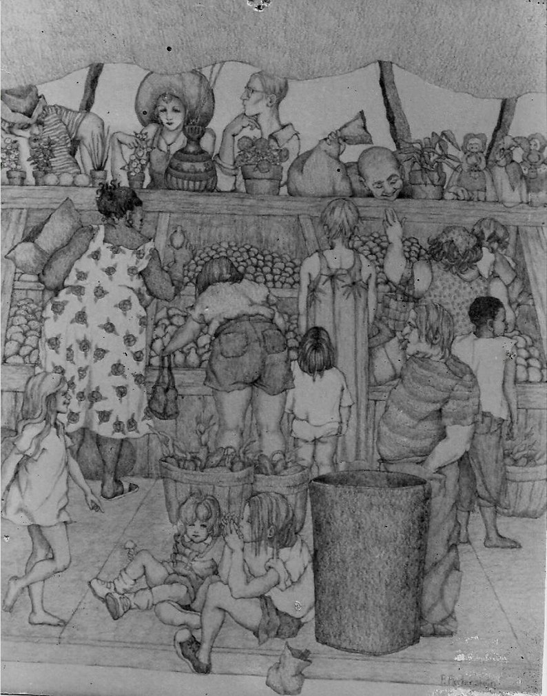 Sidewalk Market Colored Pencil Drawing GICLEE Print,people at a Produce ...