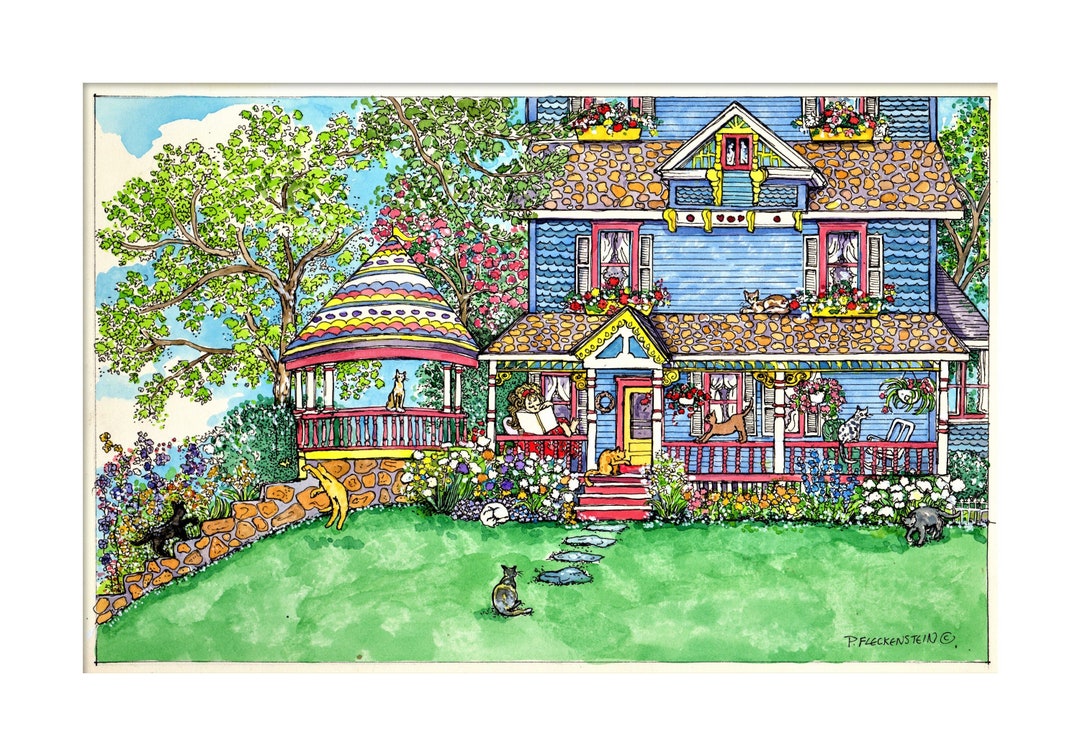 Victorian Cottage "house of Cats" Watercolor Giclee Print , Cat Lovers ...