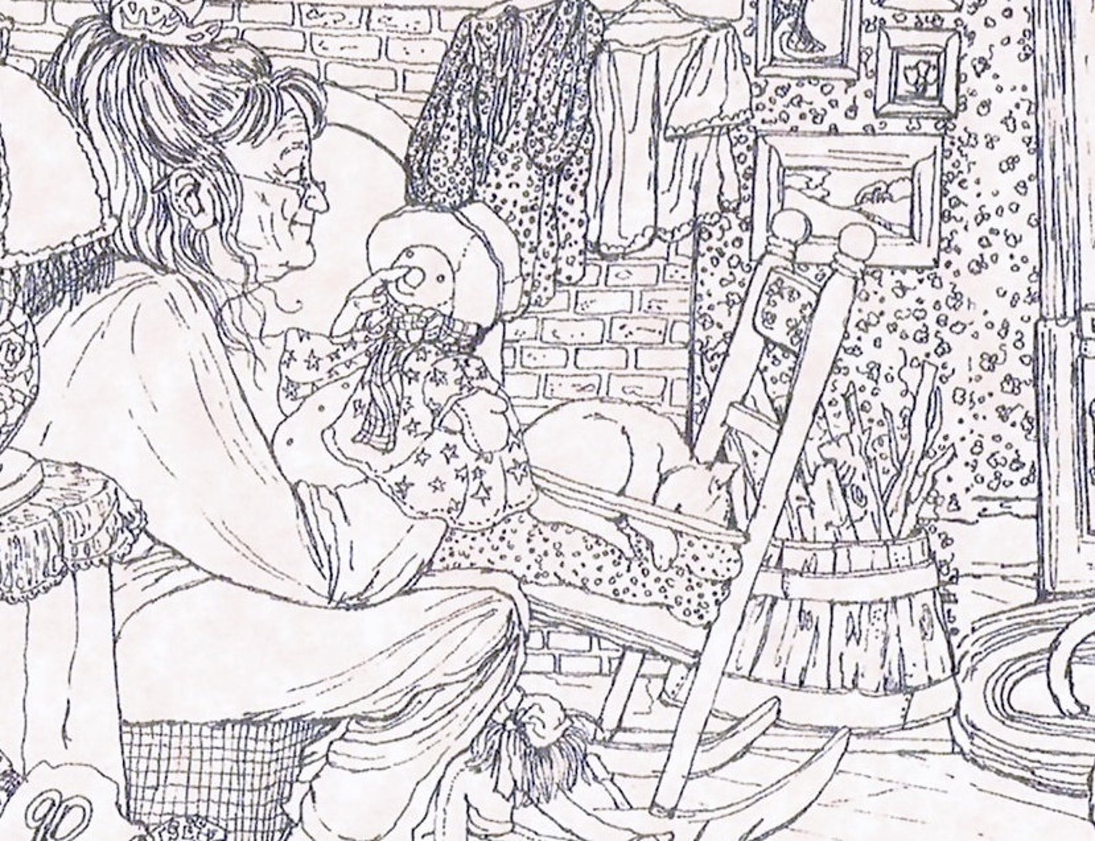 Adult Coloring Page- Whimsical Busy Cozy Room Interior With People ...