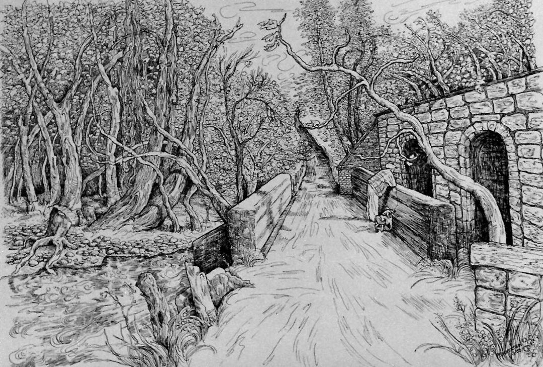 Vintage Art Print, Old Bridge, Pen Drawing Giclee Print, Landscape Wall ...