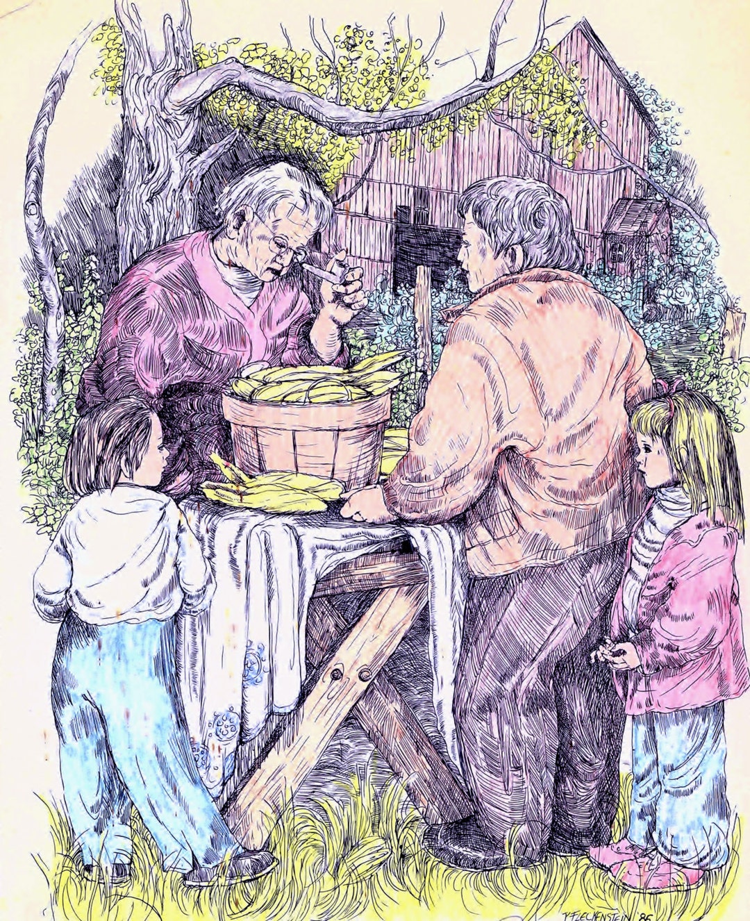 Fine Art Print Farmhouse Art-family at a Farm Stand-giclee Print Pen ...