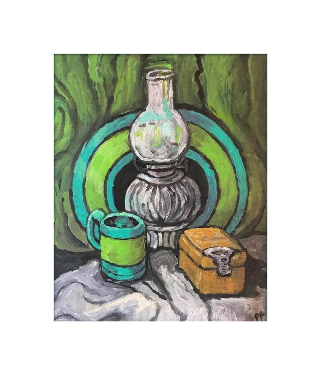 Antique Oil Lamp Still Life Painting, Green and Blue Wall Art (giclee ...