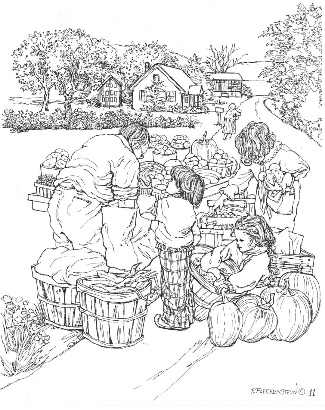Adult Coloring Page - People at a Road Side Country Market- Instant ...