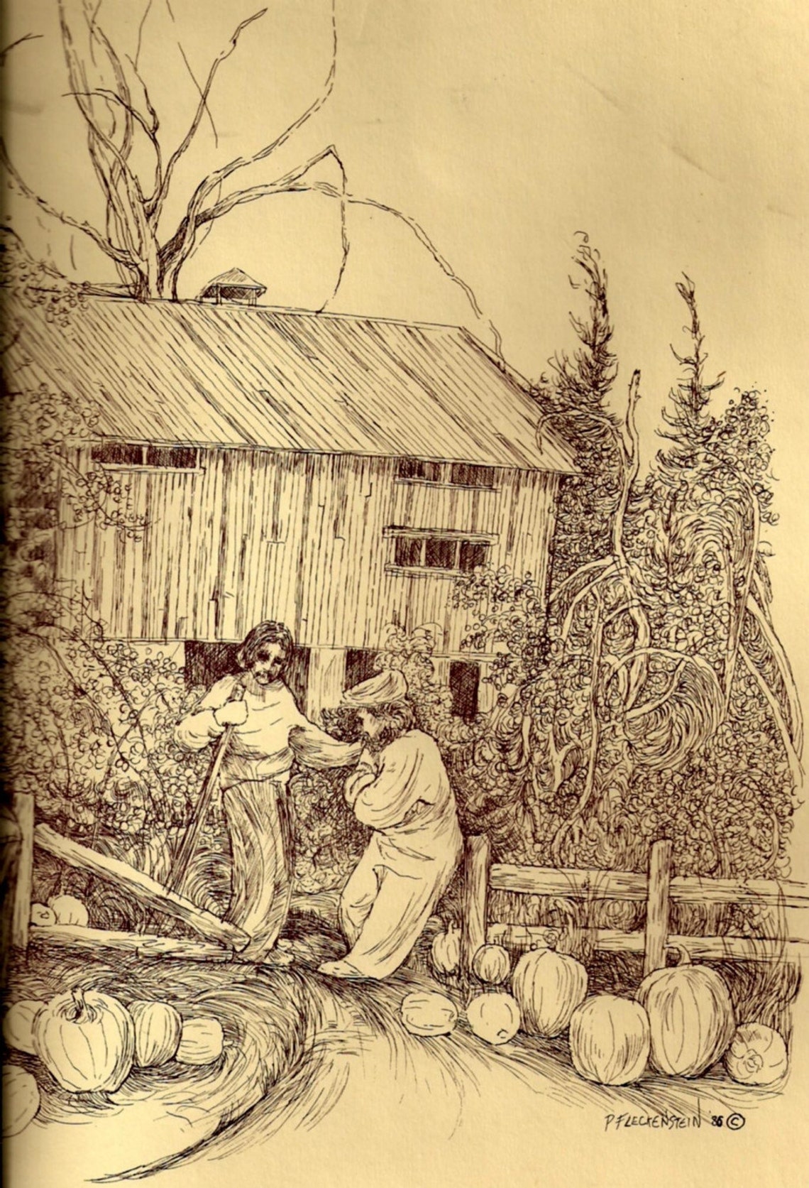 Fall Harvest Pen and Ink Drawing Print, Farmhouse, Old Barn, Country ...