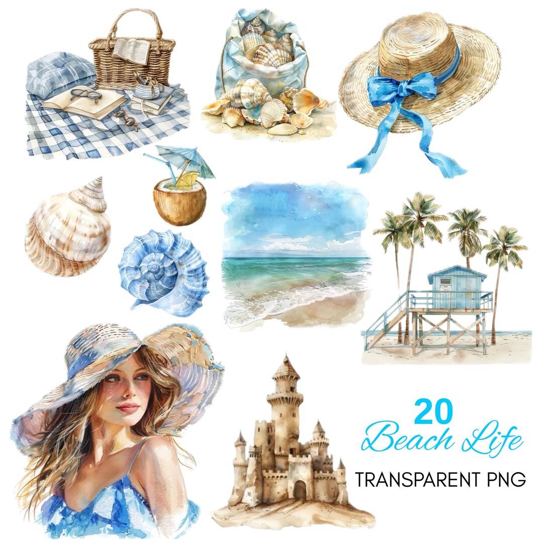 Beach Clipart Bundle, Seashells Clipart, Coastal Clipart, Hibiscus ...