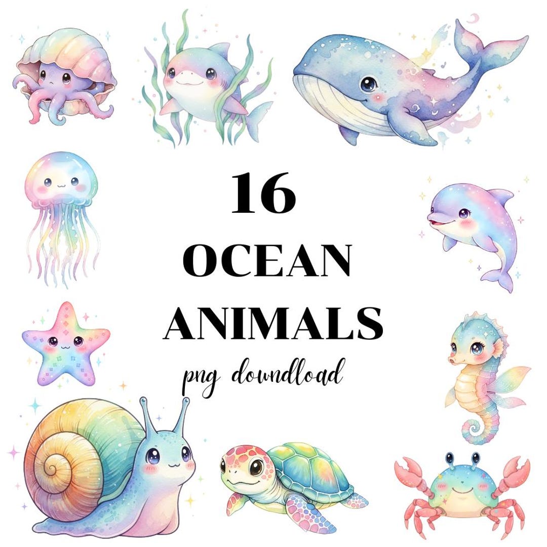 16 Ocean Animals Clipart, Cute Underwater Ocean Animals , Watercolor ...