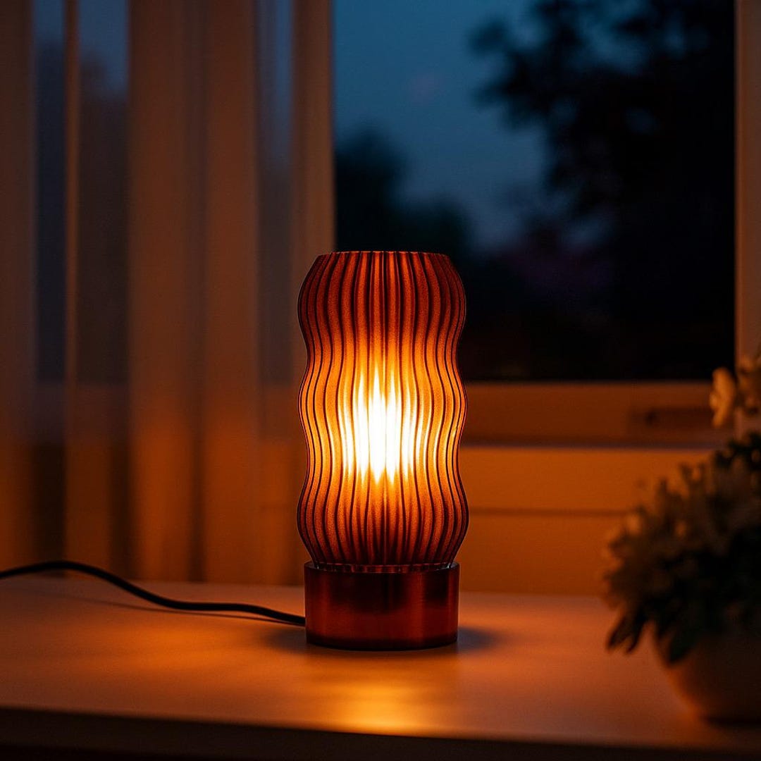 Handmade Japandi Table Lamp: Wavy Amber LED Light, Recycled PETG - Etsy