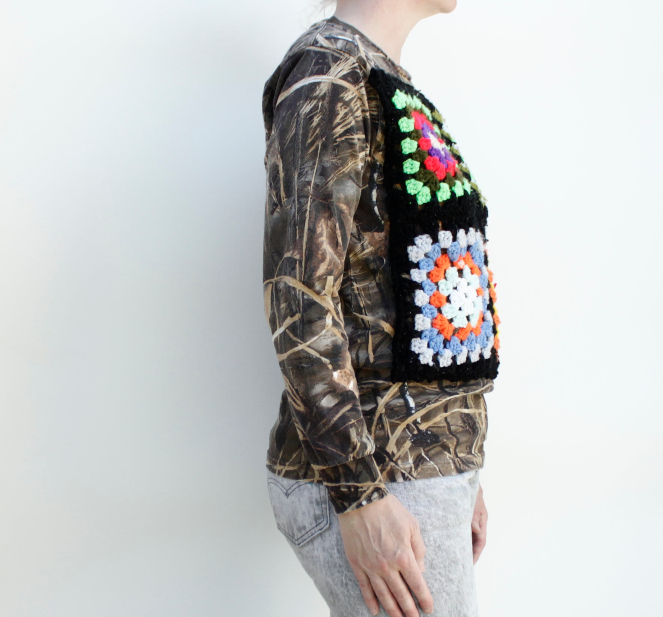 Cattail Camo Upcycled Granny Square Blanket Patch Long Sleeved T-shirt ...