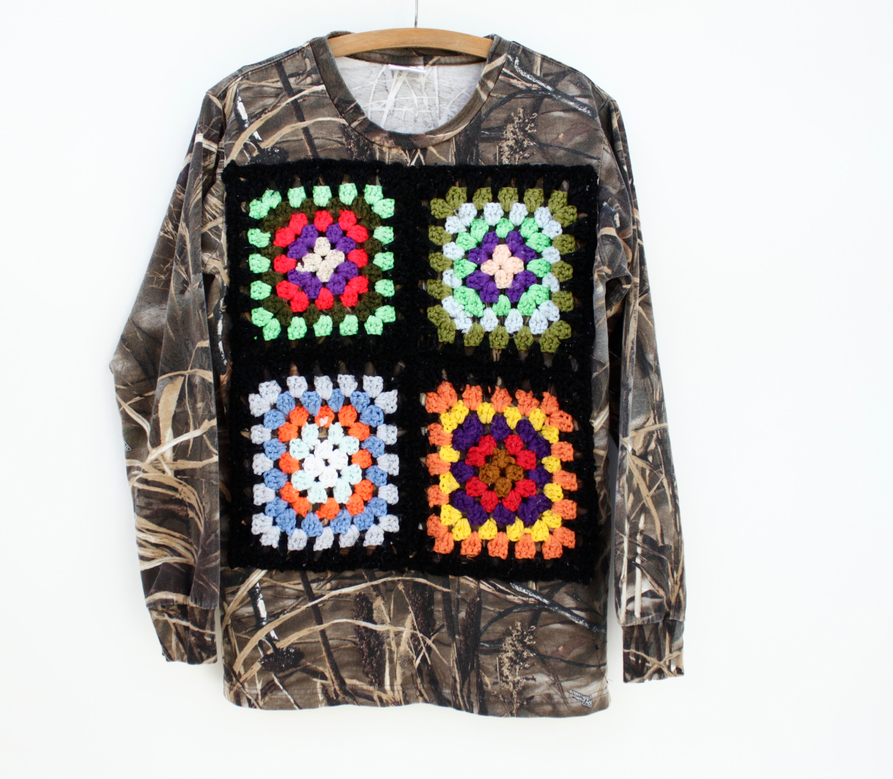 Cattail Camo Upcycled Granny Square Blanket Patch Long Sleeved T-shirt ...