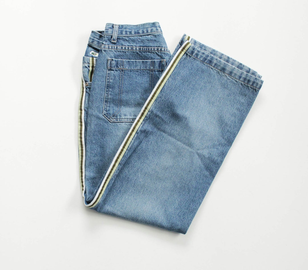 Vintage 90's Tag Rag Brand Wide Leg Jeans - Green Striped Ribbon Trim ...