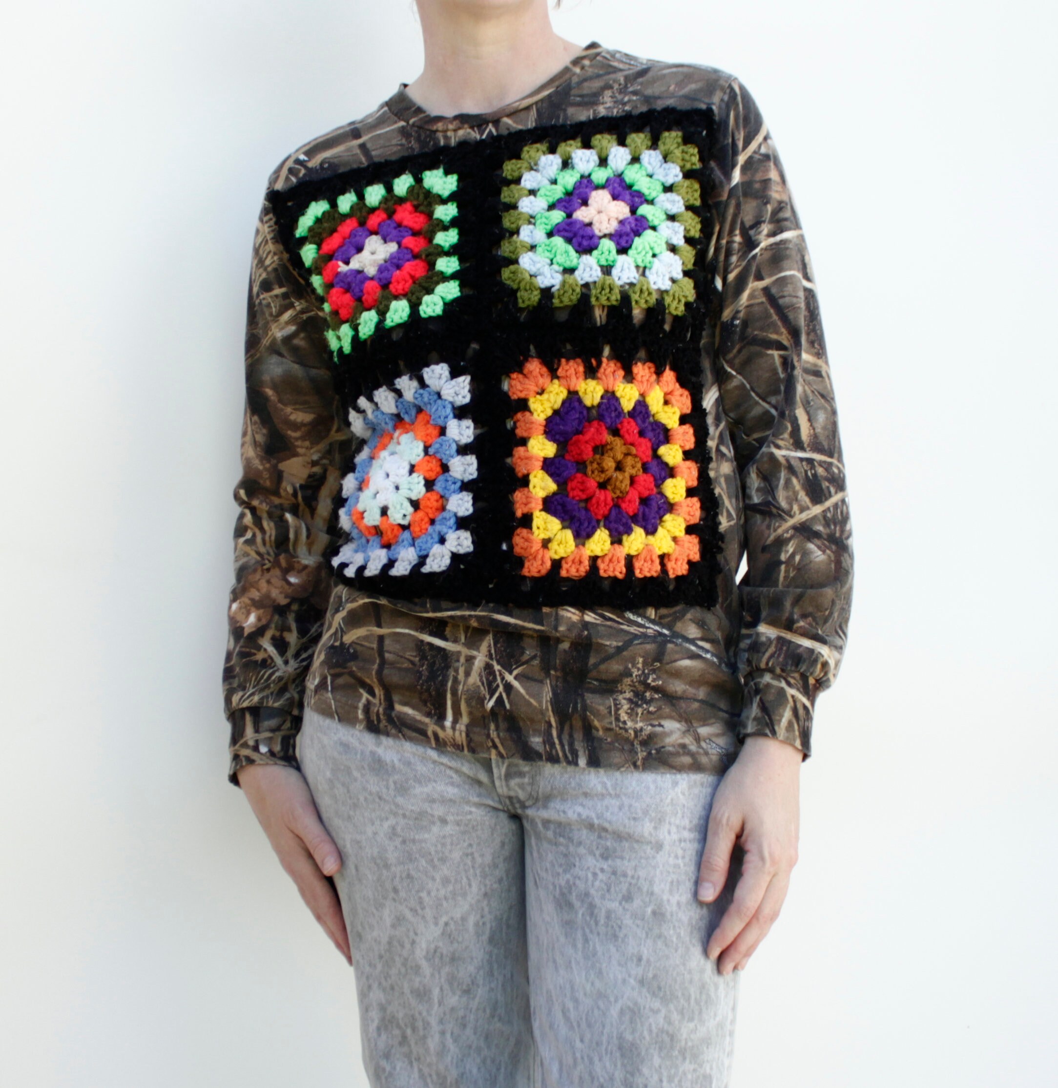 Cattail Camo Upcycled Granny Square Blanket Patch Long Sleeved T-shirt ...