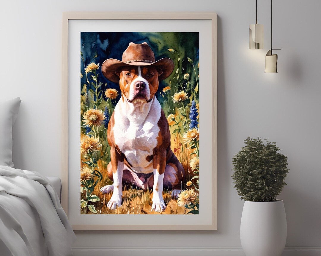 Chocolate Pit Bull Dog Portrait Cowboy Poster Large Dog Art Print ...