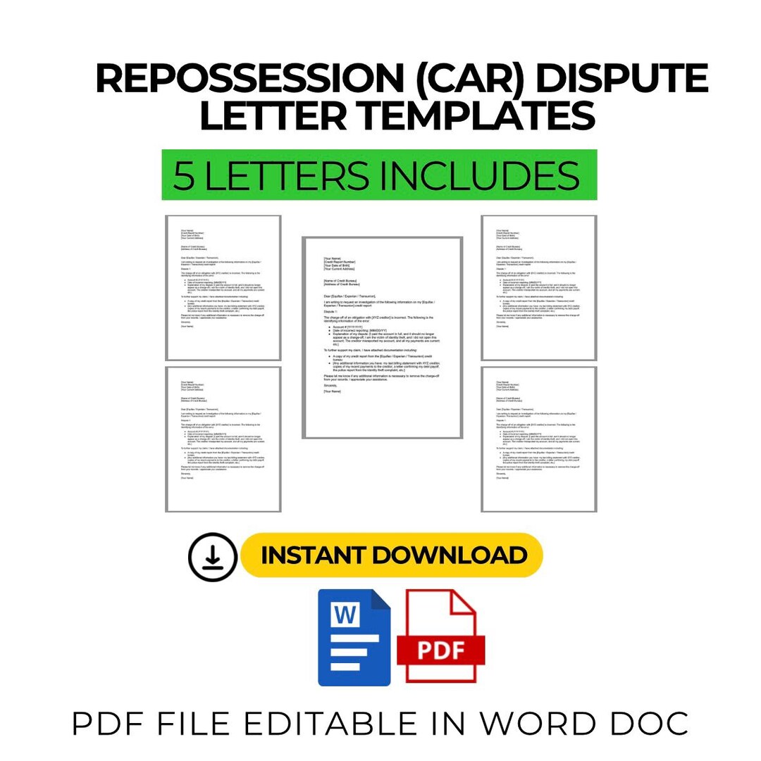 Repossession (car) Dispute Letter Templates - Etsy