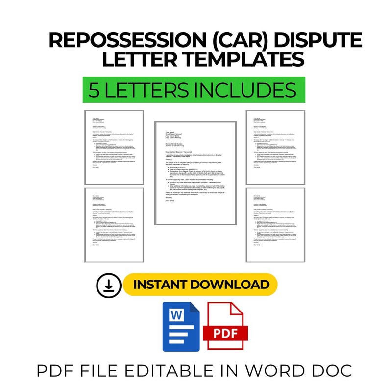 Repossession (car) Dispute Letter Templates - Etsy