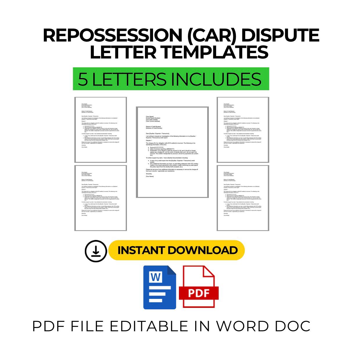 Repossession (car) Dispute Letter Templates - Etsy