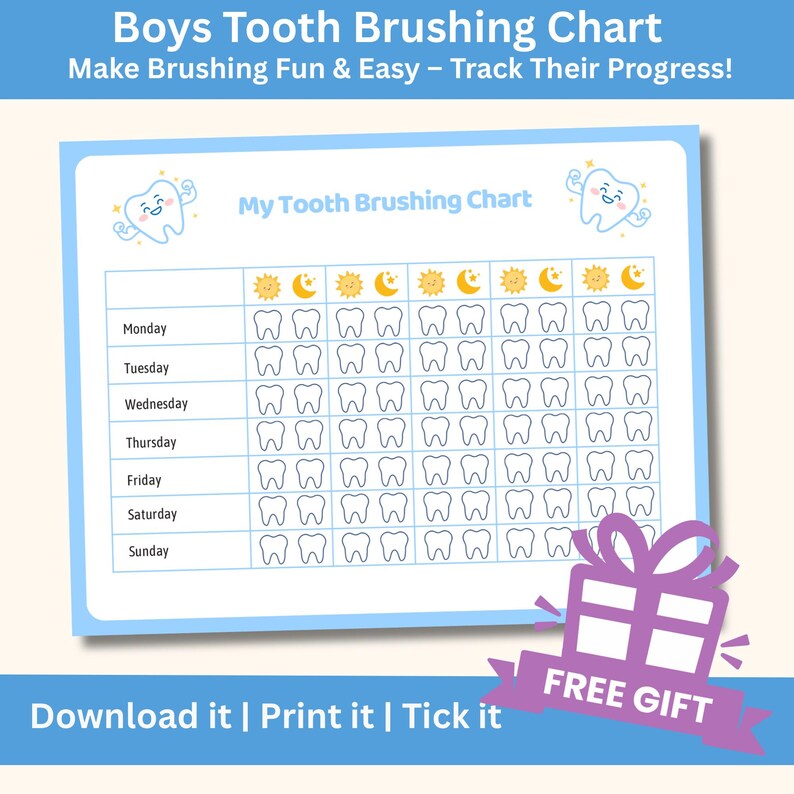 Kids Tooth Brushing Chart Printable, Toddler Dental Routine Tracker ...