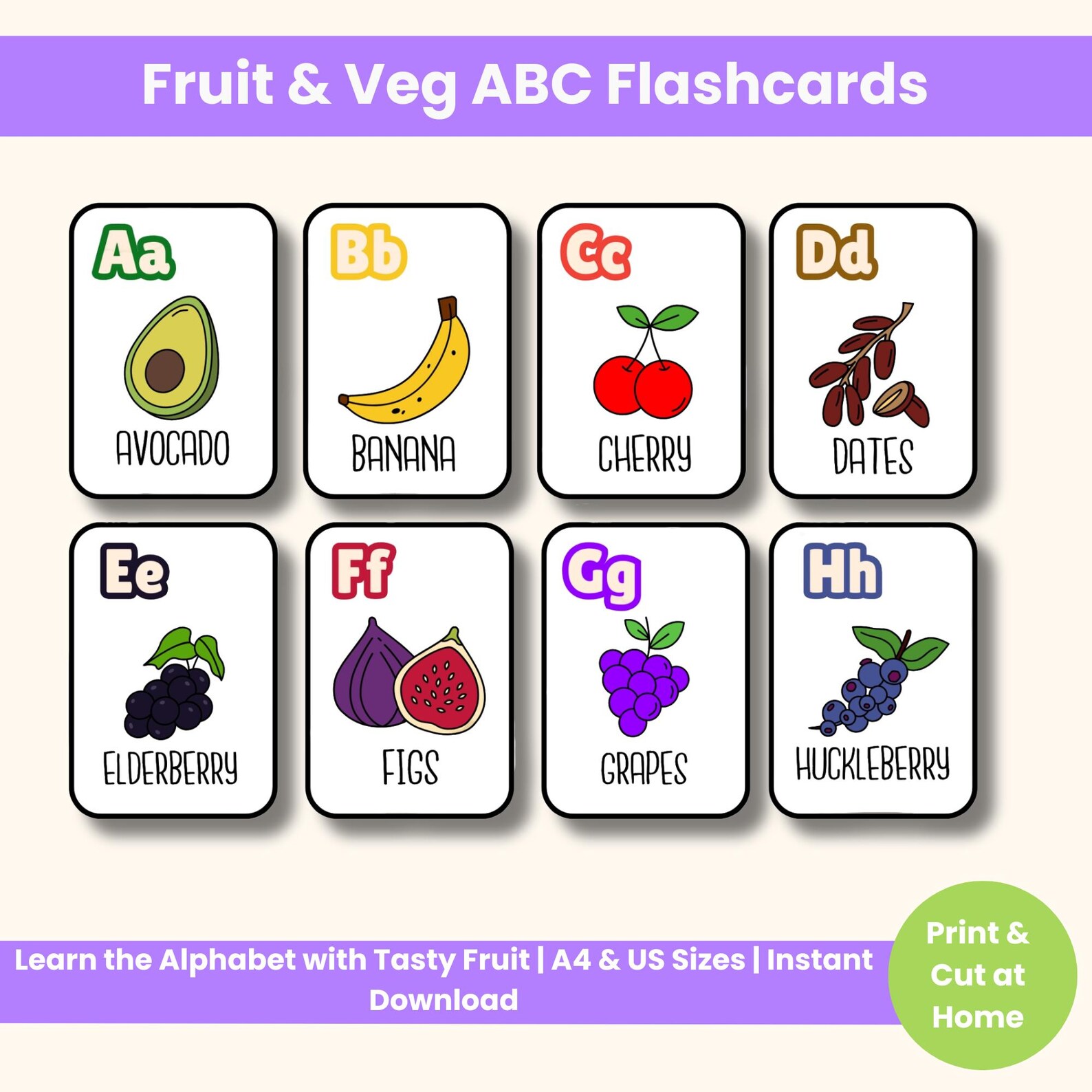 Printable ABC Flash Cards for Kids – Fruit & Veg Alphabet Cards A to Z ...