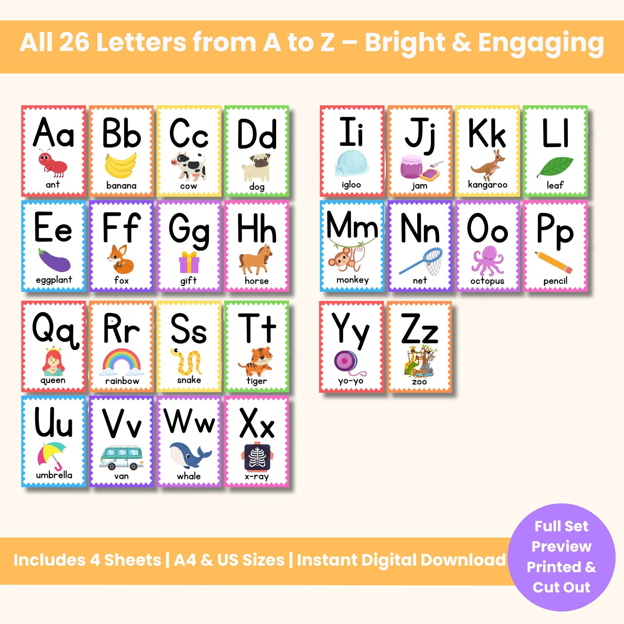 Printable ABC Flash Cards for Kids – Colorful Alphabet Learning Cards ...