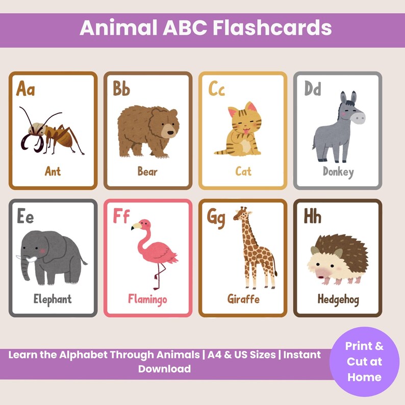 Animal ABC Flashcards: Printable Alphabet Cards for Preschoolers (A4 ...