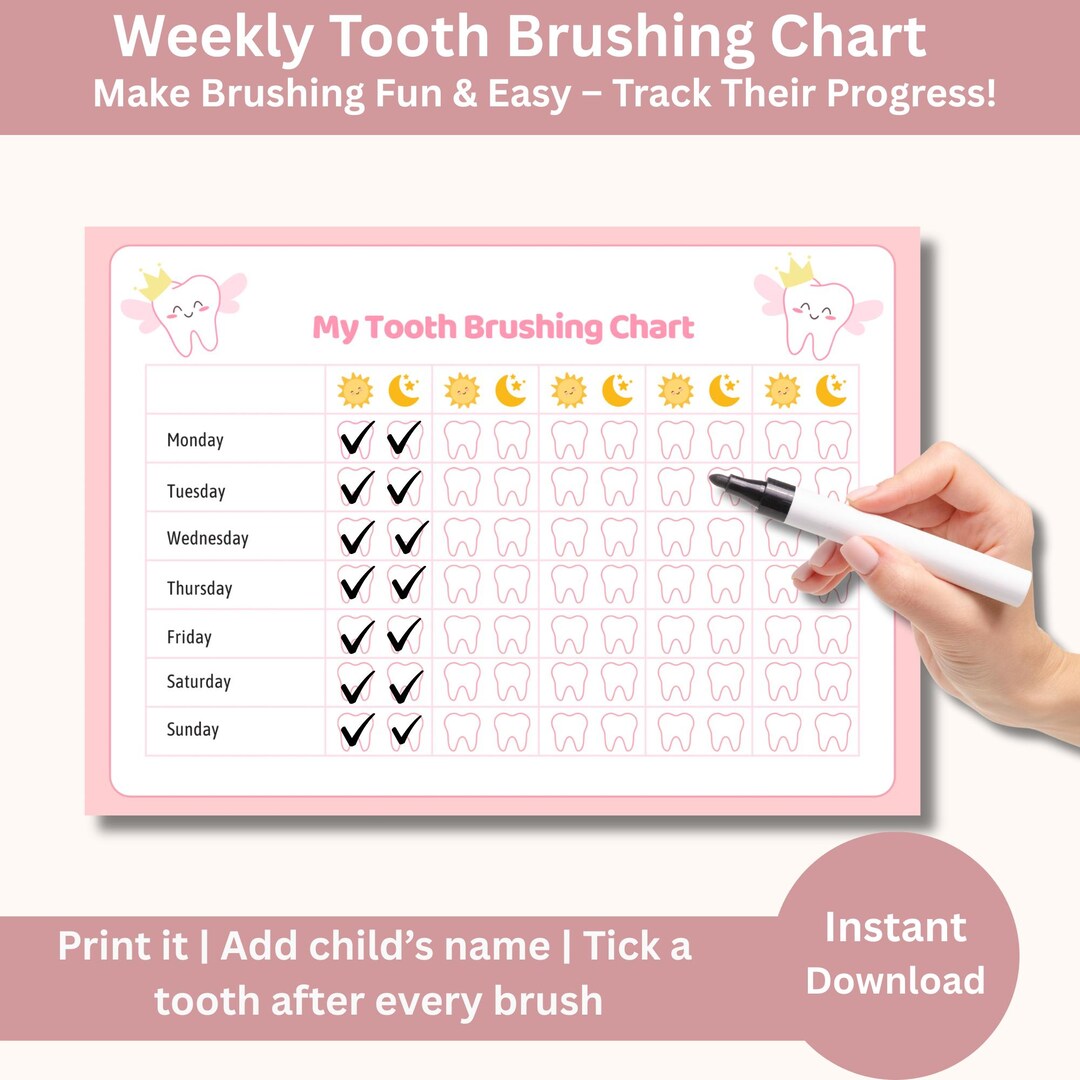 Kids Tooth Brushing Chart Printable, Toddler Dental Routine Tracker ...