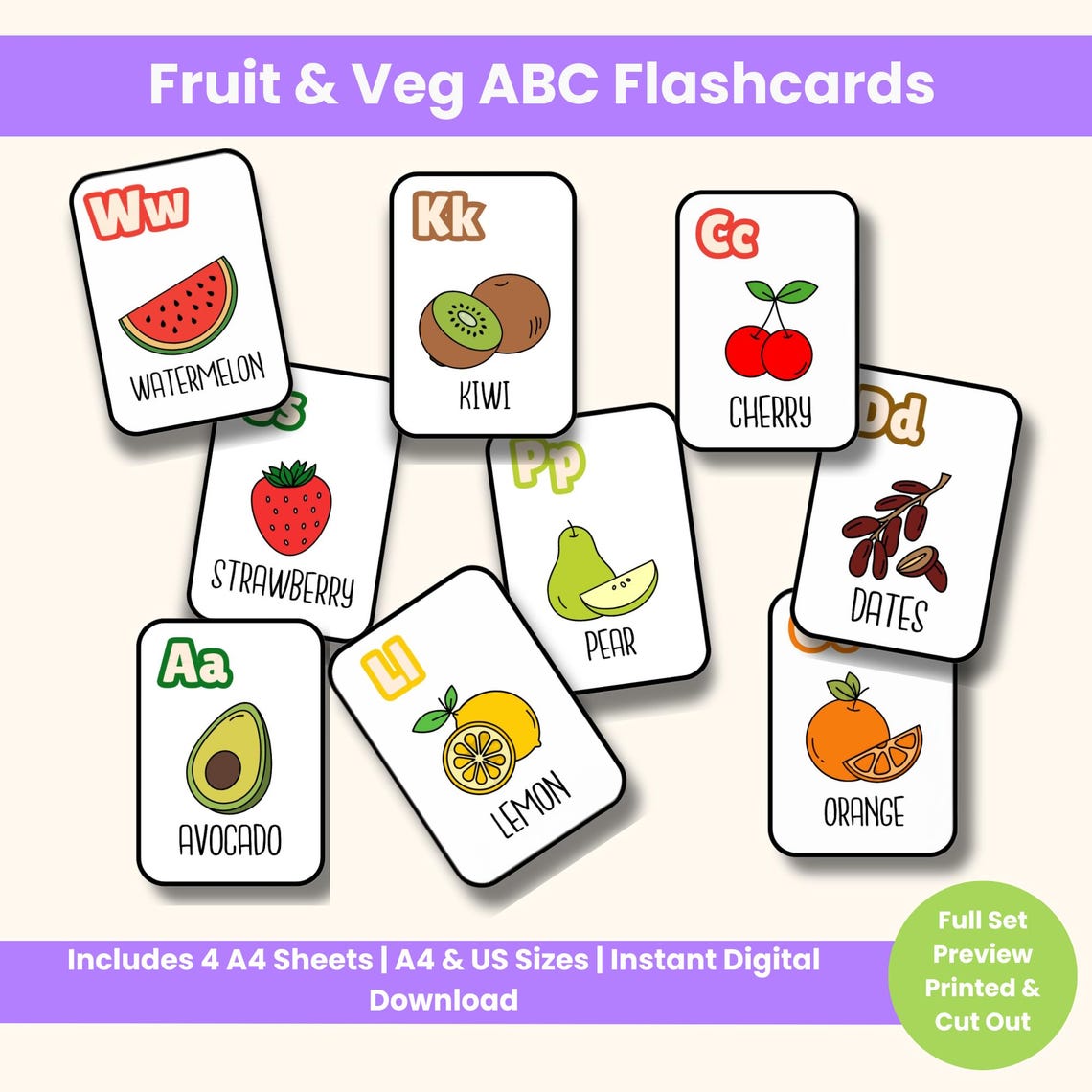 Printable ABC Flash Cards for Kids – Fruit & Veg Alphabet Cards A to Z ...