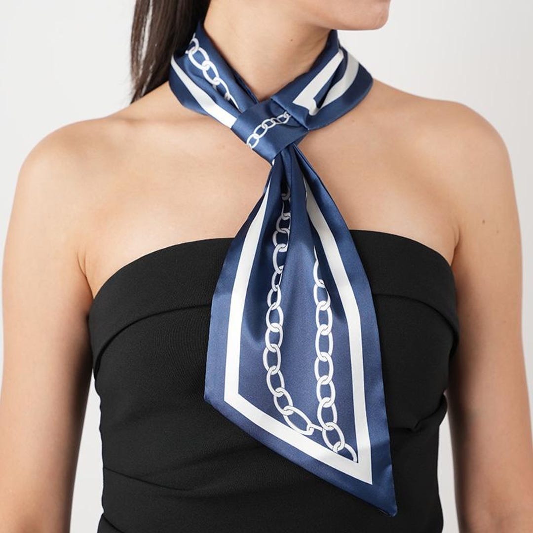 Blue Silk Skinny Scarf, Chain Print, Double Sided, Retro Modern - Etsy