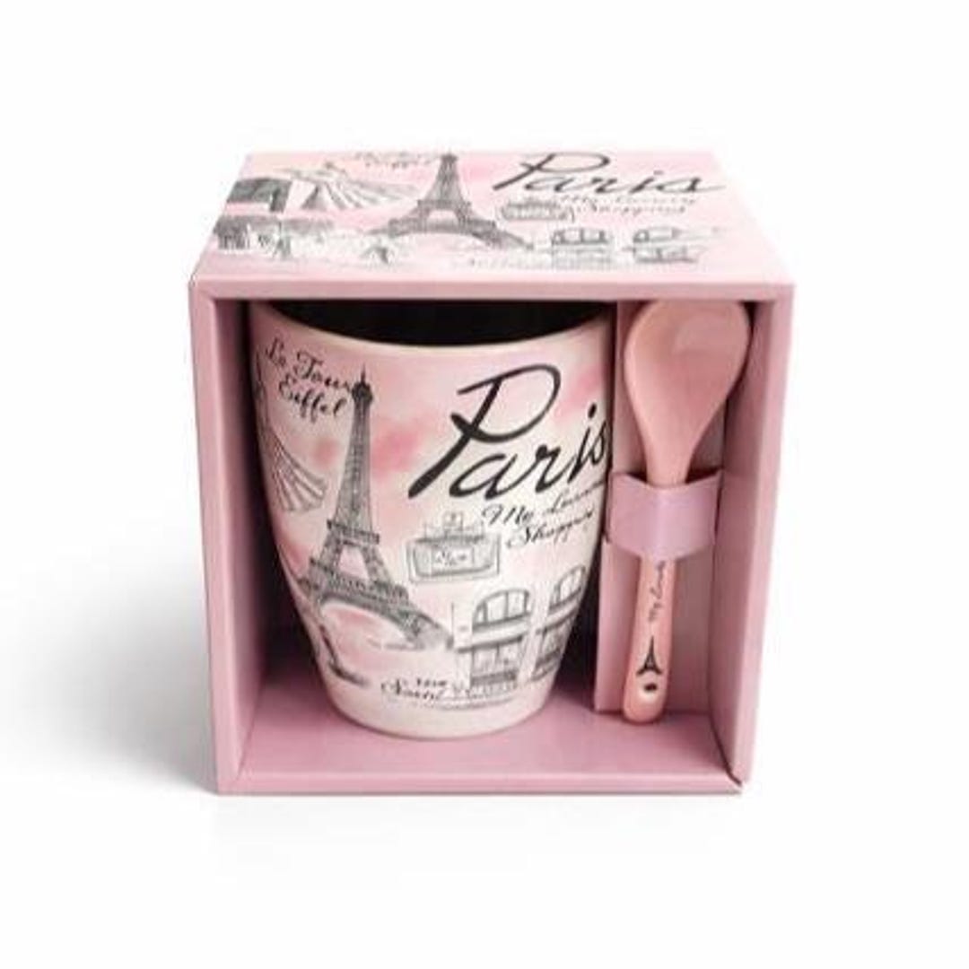Paris Shopping Mug With Spoon, Eiffel Tower Coffee Cup Gift Set, Pink ...