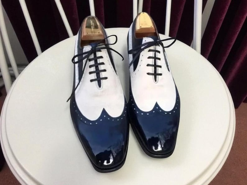 Handmade Two-tone Wingtip Oxford Shoes: White & Blue Patent Leather - Etsy