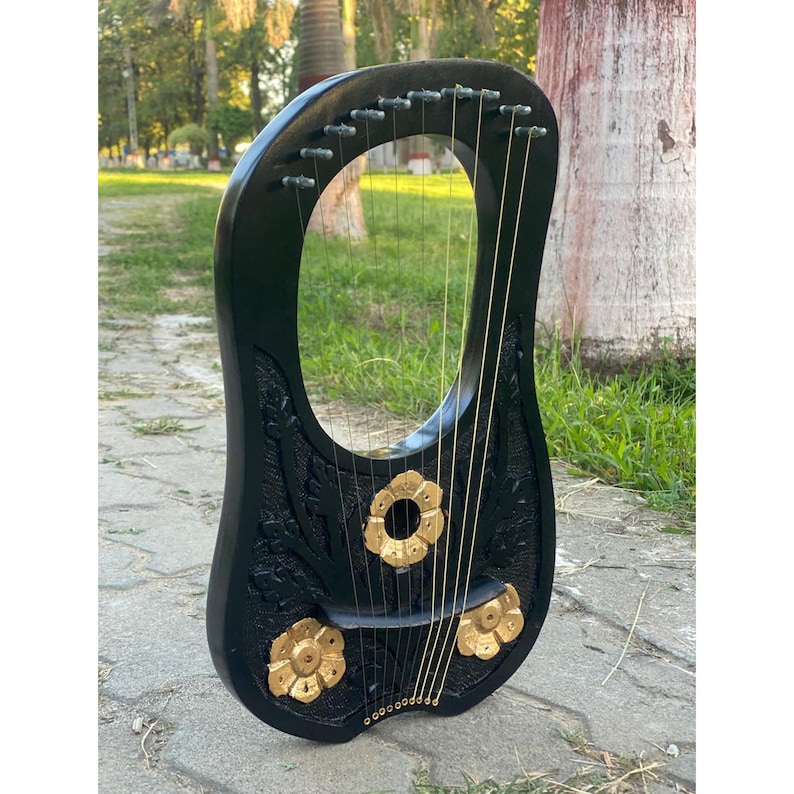 Black and Gold Lyre Harp 10 Metal Strings Handmade Rosewood Lyre With Free Extra Strings, Tuning ...