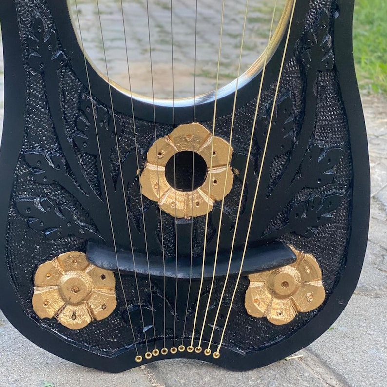 Black and Gold Lyre Harp 10 Metal Strings Handmade Rosewood Lyre With Free Extra Strings, Tuning ...
