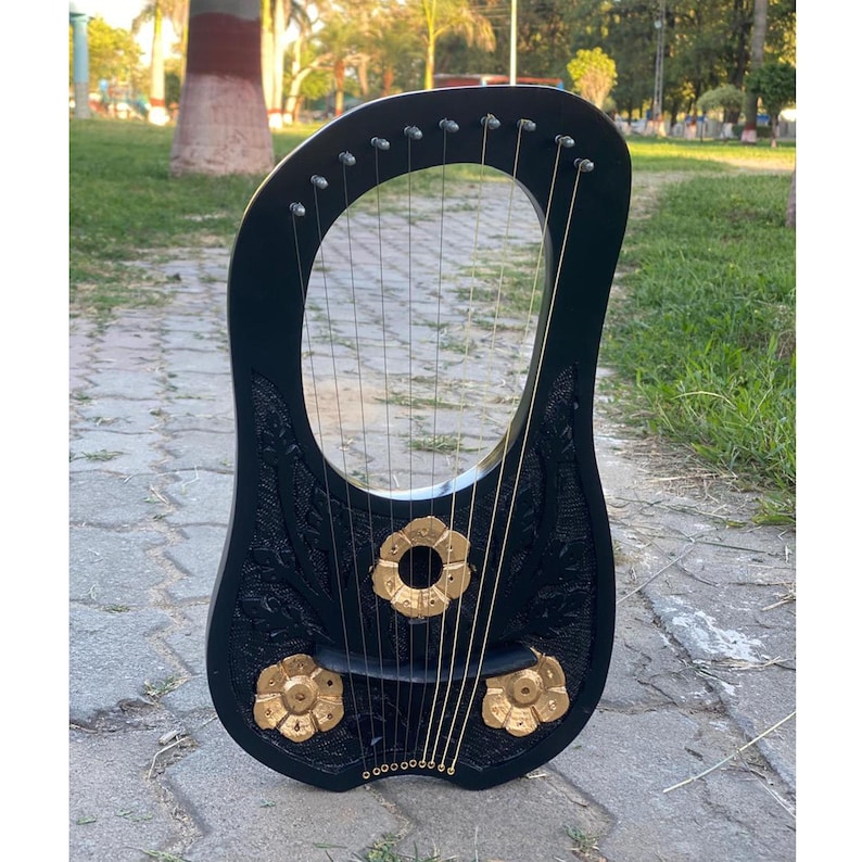 Black and Gold Lyre Harp 10 Metal Strings Handmade Rosewood Lyre With Free Extra Strings, Tuning ...