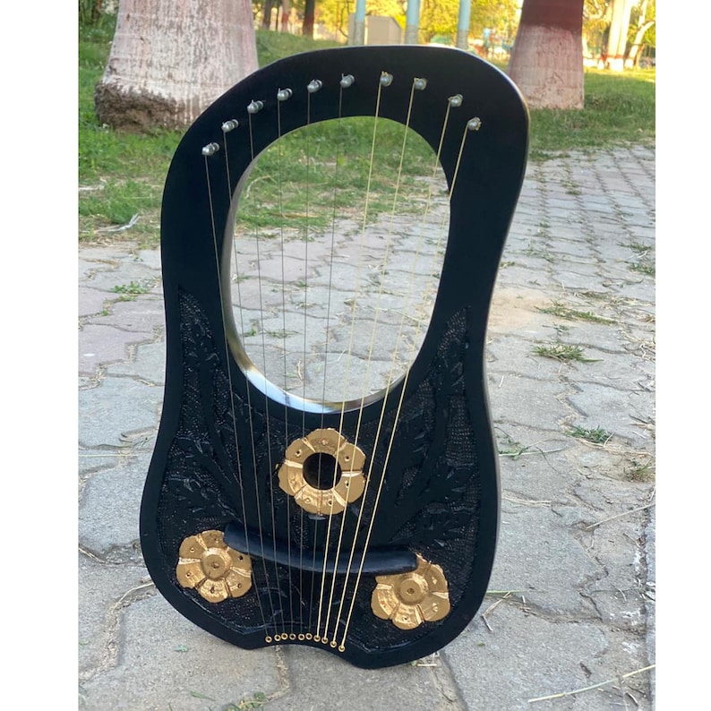 Black and Gold Lyre Harp 10 Metal Strings Handmade Rosewood Lyre With Free Extra Strings, Tuning ...