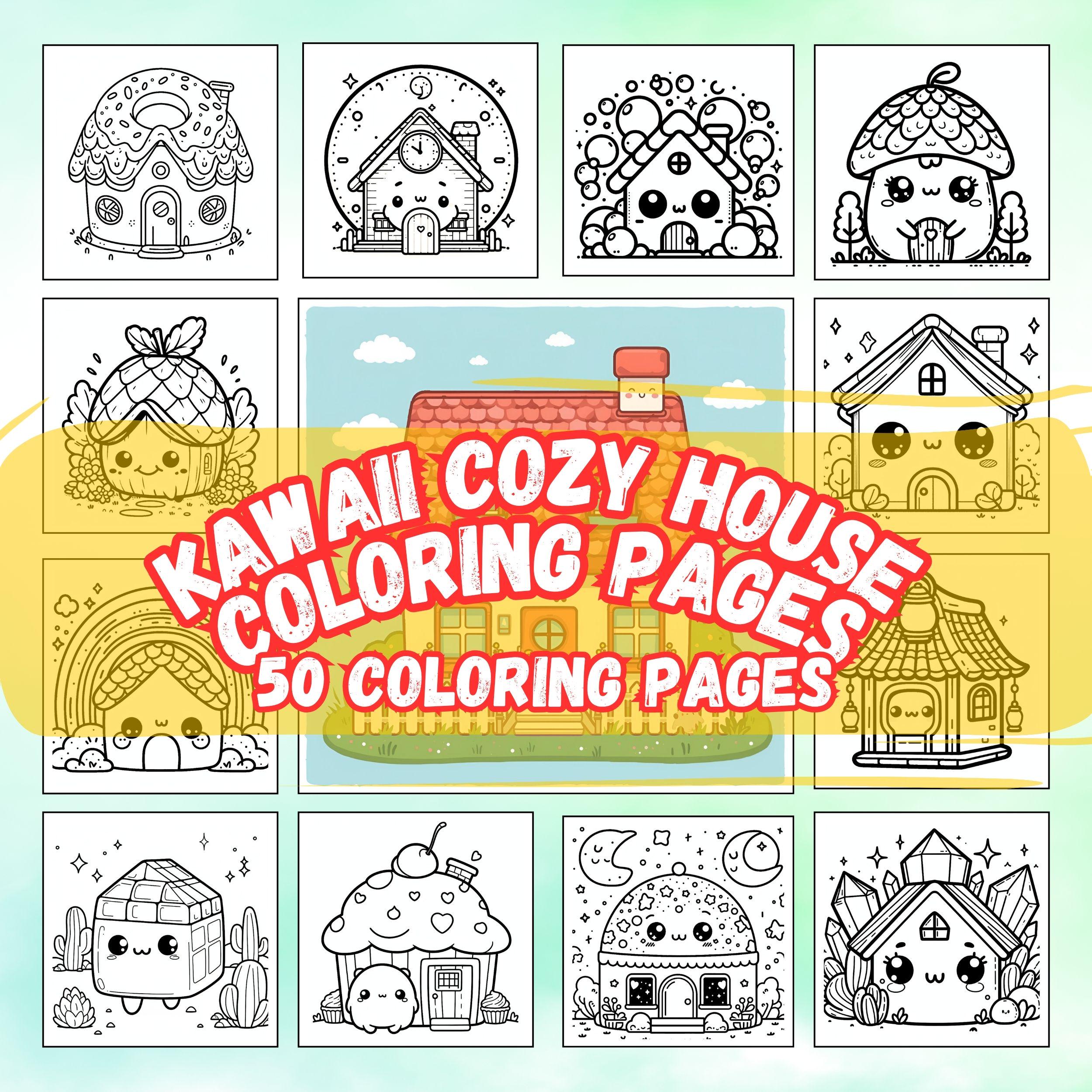 Kawaii Coloring Page , Cozy House Coloring Pages, Digital Download , 50 ...