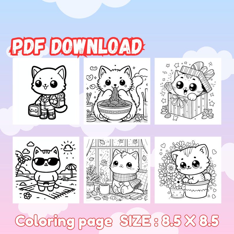 70 Cute Kawaii Cat Coloring Pages for Kids & Adults | Digital Download ...