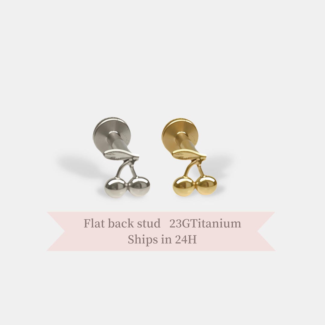 Flat Back Cherry Stud • Threadless Titanium Cartilage Earring • Cute ...