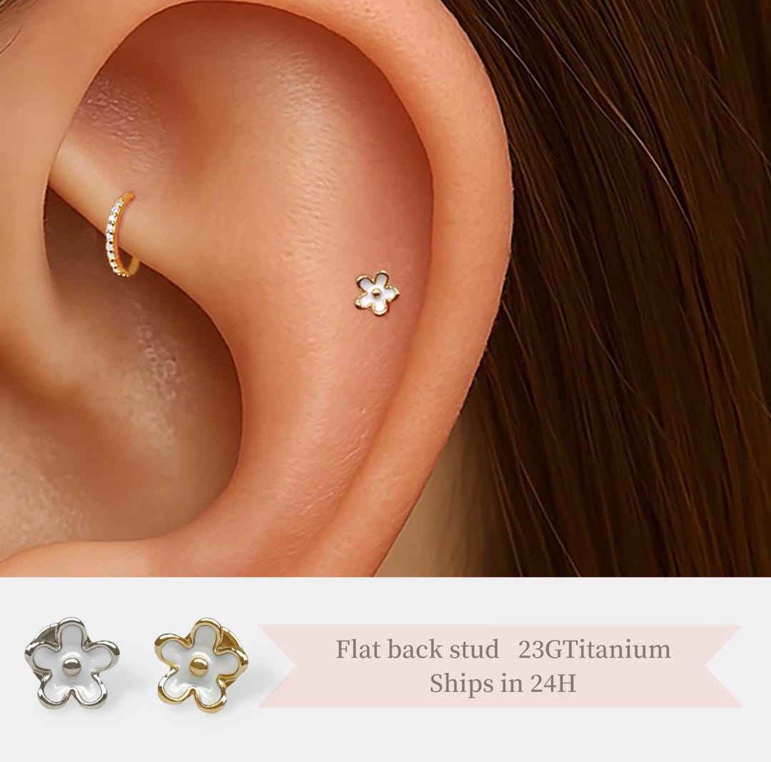 Flat Back Enamel Flower Stud – Spring Daisy Threadless Earring • Gold ...