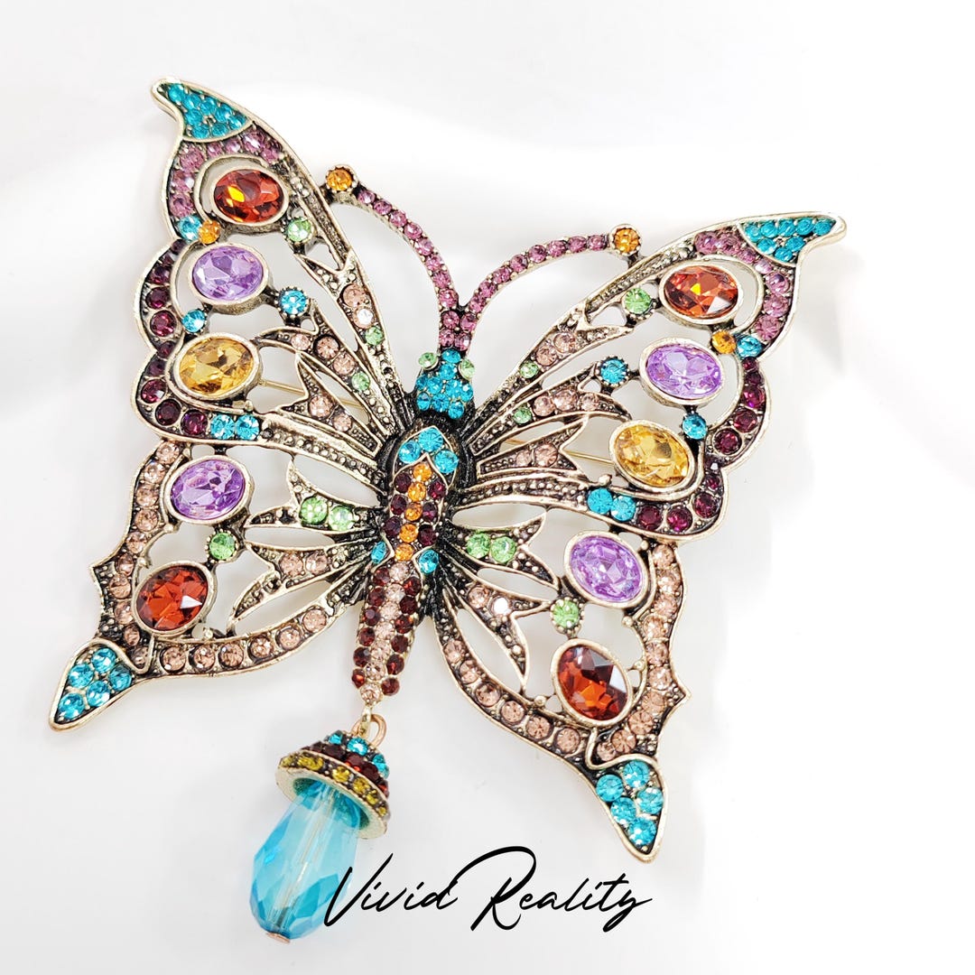 Vintage Butterfly Brooch - Antique Multicolor Rhinestones, Teardrop ...