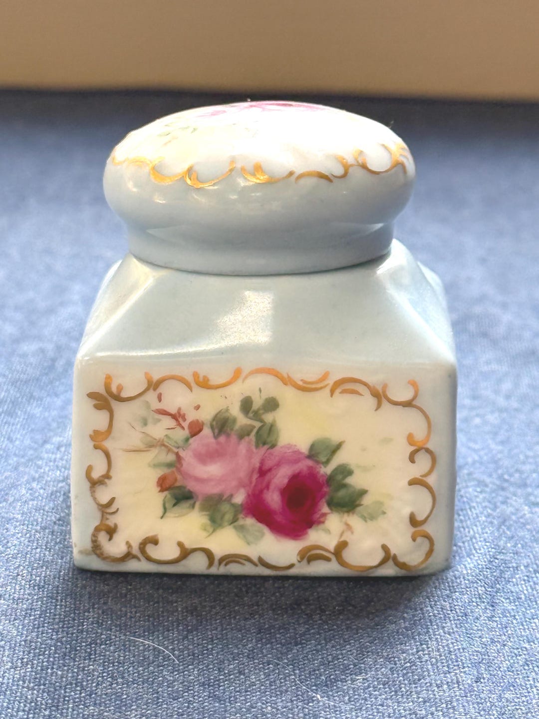 Antique French Porcelain Inkwell: Hand-painted Roses, Gold Trim, Circa ...