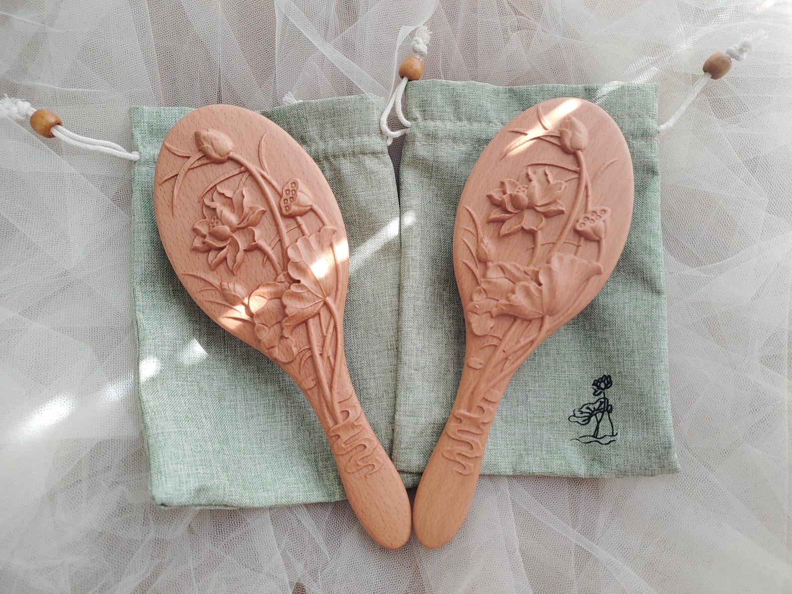 Handcrafted Beechwood Hair Brush Bamboo Bristles & Air Cushion Lotus ...