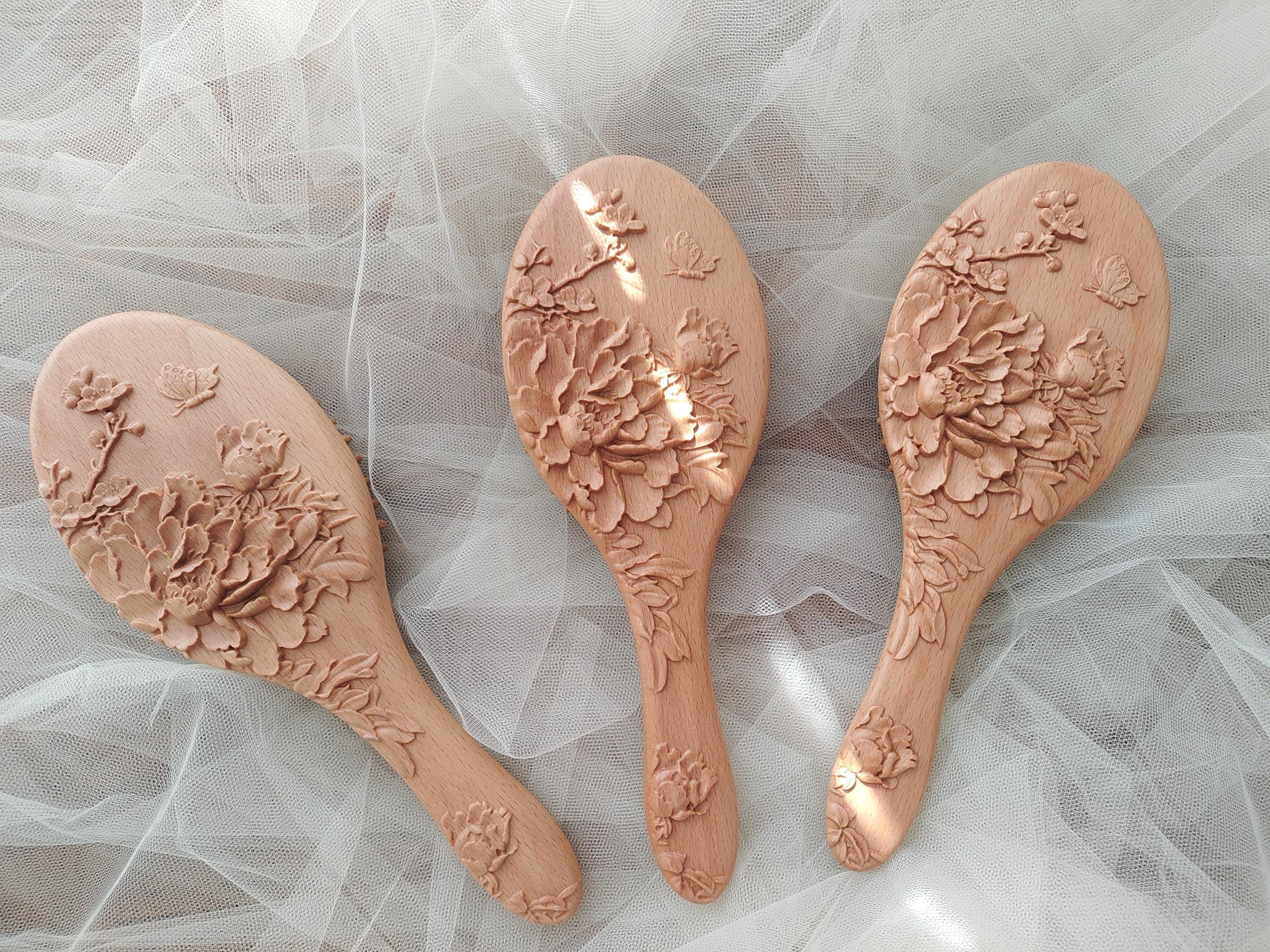 Handcrafted Beechwood Hair Brush Bamboo Bristles & Air Cushion Flower ...
