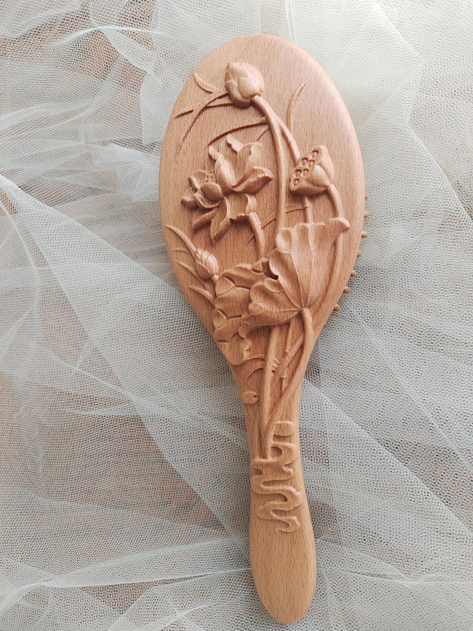 Handcrafted Beechwood Hair Brush Bamboo Bristles & Air Cushion Lotus ...