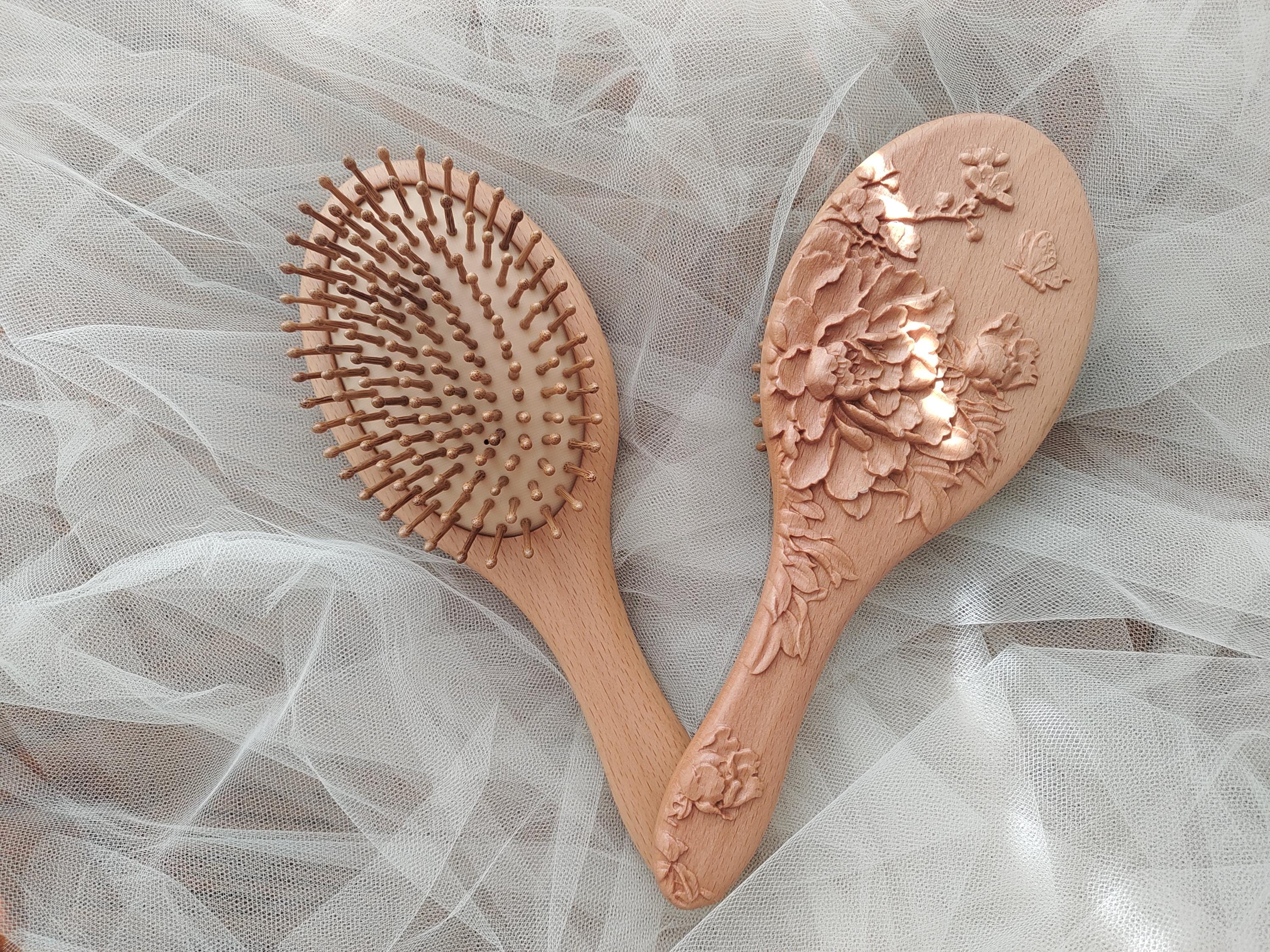 Hand Carved Beechwood Hair Brush Bamboo Bristles & Air Cushion Flower ...