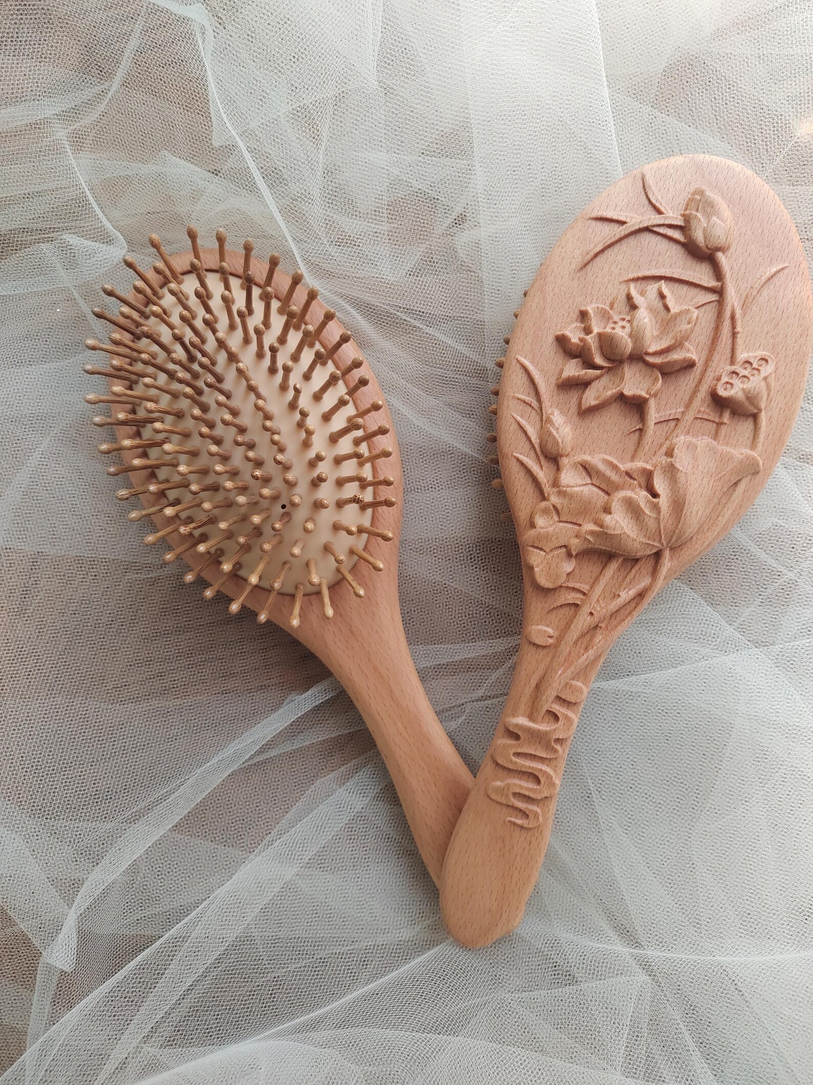 Handcrafted Beechwood Hair Brush Bamboo Bristles & Air Cushion Lotus ...