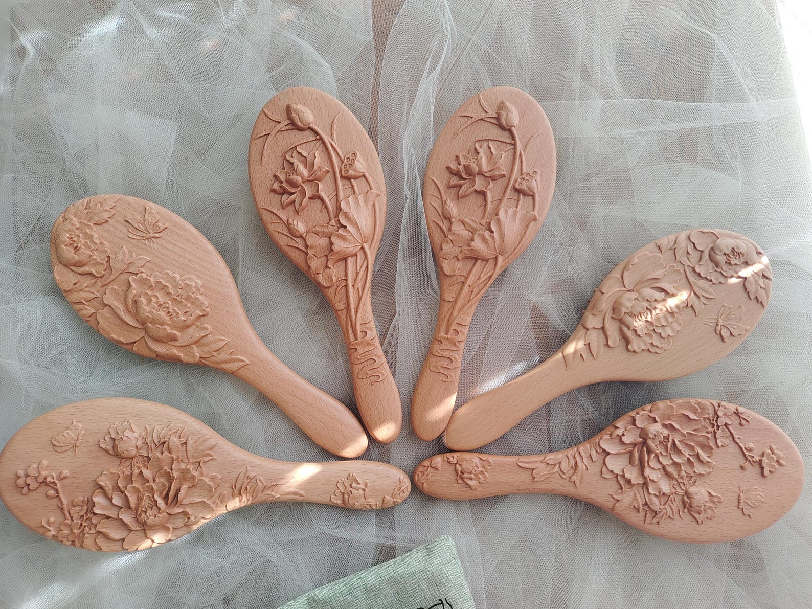 Handcrafted Beechwood Hair Brush Bamboo Bristles & Air Cushion Flower ...