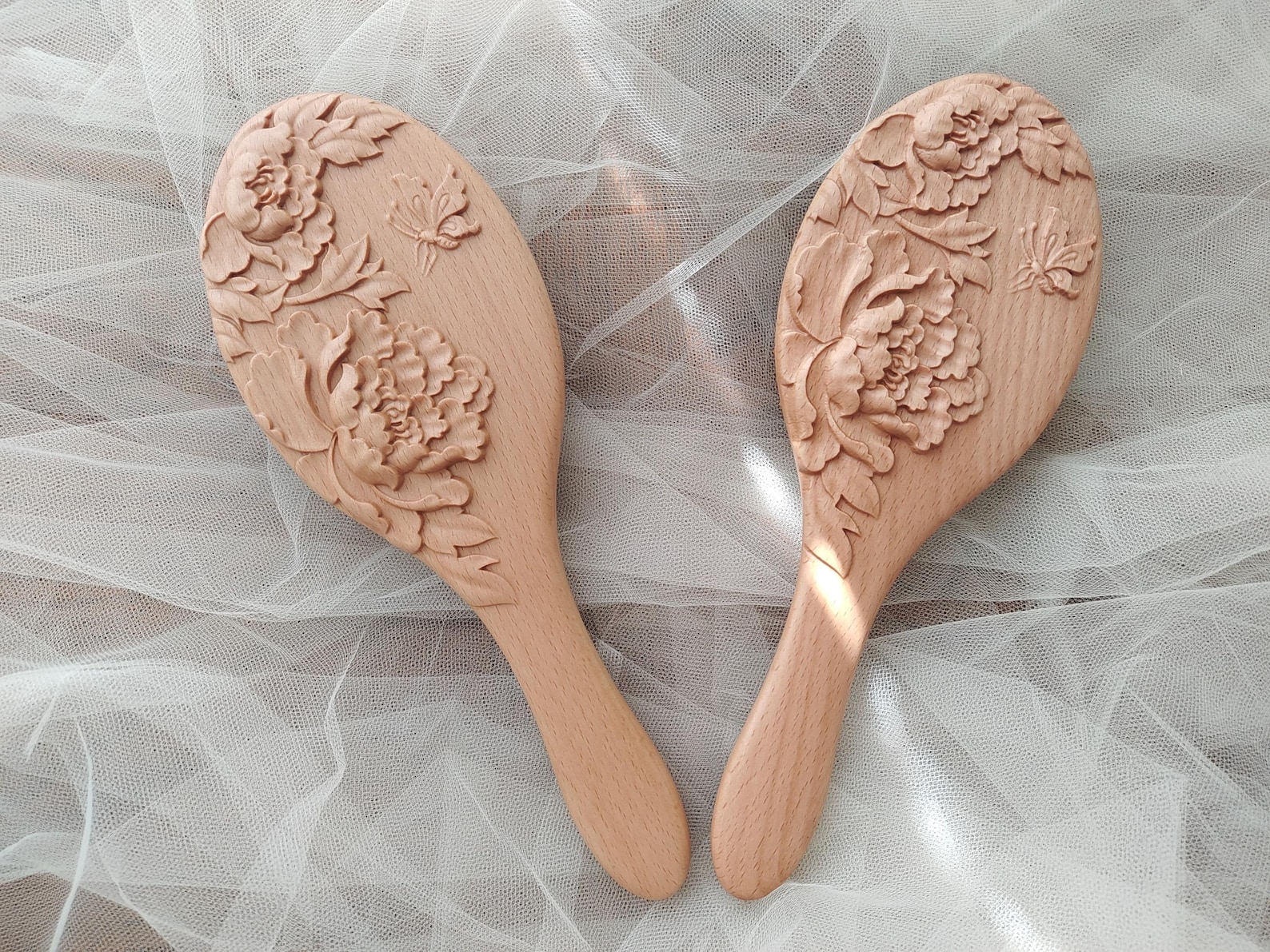 Handcrafted Beechwood Hair Brush Bamboo Bristles & Air Cushion Flower ...
